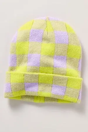 Maeve Gingham Knit Beanie - Lime/lilac