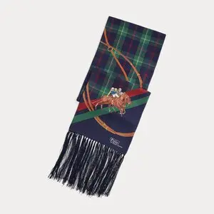 Ralph Lauren Tasseled Equestrian-plaid Silk Scarf - Navy Multi