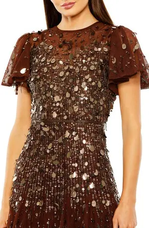 Mac Duggal Flutter Sleeve Beaded Tea-length Dress - Espresso