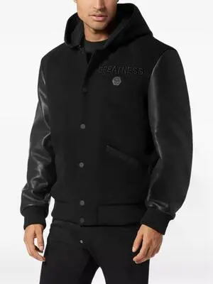 Philipp Plein Hooded Leather-sleeve Bomber Jacket - Black
