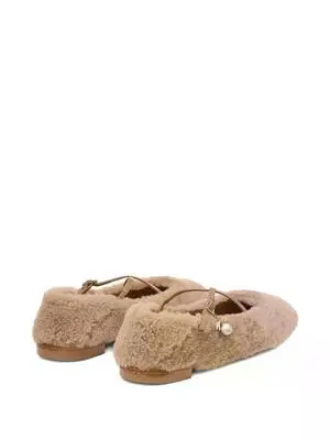 JIMMY CHOO Eleri Shearling Ballerina Flats With Pearl Embellishment - Brown