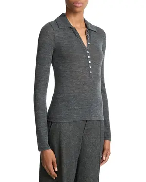 Vince Long Sleeved Multi Button Wool Polo Top - Medium Heather Grey