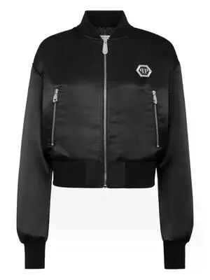 Philipp Plein Satin Bomber Jacket With Logo Plaque