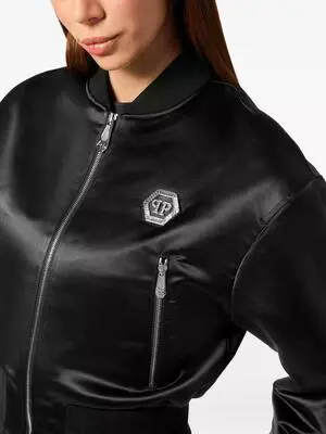 Philipp Plein Satin Bomber Jacket With Logo Plaque