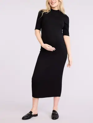 Motherhood Maternity Mock Neck 3/4 Sleeve Ribbed Maxi Dress - Black