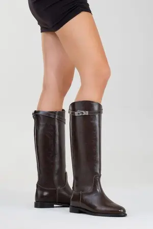 PROLOGUE SHOES Yoko Knee High Boots - Brown Faux Leather