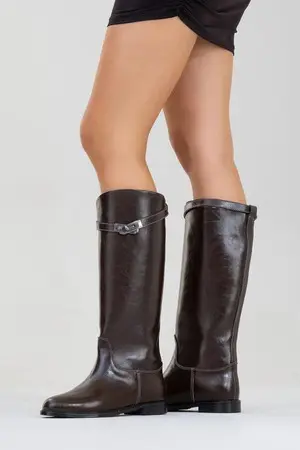 PROLOGUE SHOES Yoko Knee High Boots - Brown Faux Leather