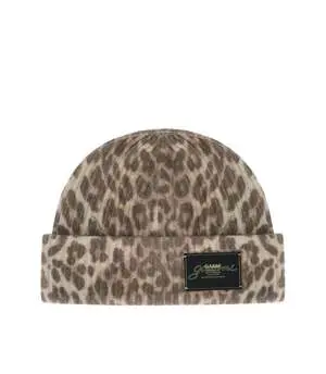 GANNI Ribbed Animal Print Beanie - Beige