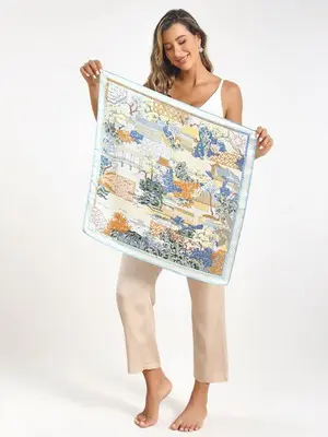 SILKSILKY Pure Silk Printed Square Scarf Kerchief - Lightblue