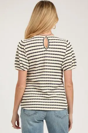 PINKBLUSH Striped Textured Puff Sleeve Top - Black