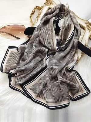 SILKSILKY Mulberry Silk Printed Long Rectangle Shawl Scarf - Black