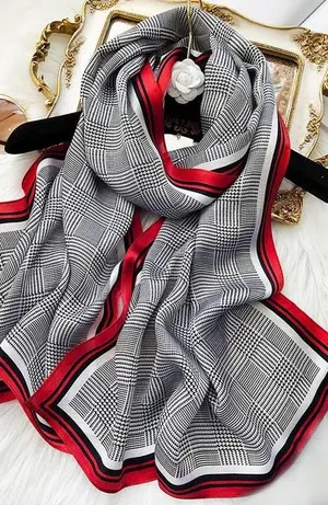 SILKSILKY Mulberry Silk Printed Long Rectangle Shawl Scarf - Red