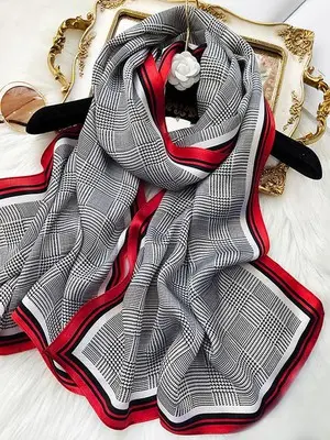 SILKSILKY Mulberry Silk Printed Long Rectangle Shawl Scarf - Red