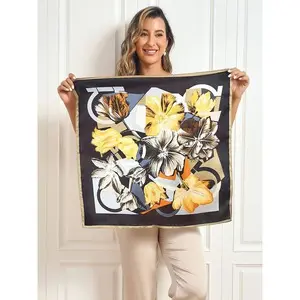 SILKSILKY Pure Silk Floral Pattern Square Scarf - Yellow