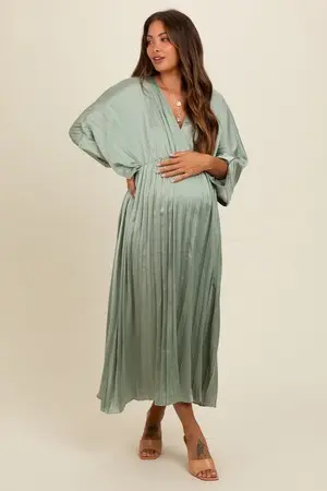 PINKBLUSH Satin Pleated V-neck Maxi Dress - Light Olive