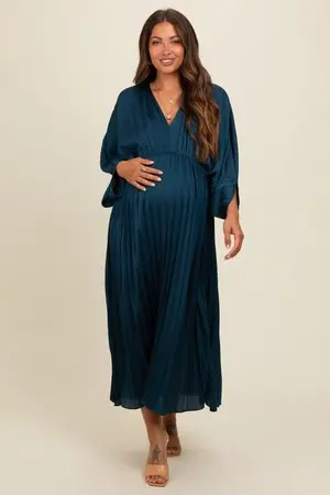 PINKBLUSH Satin Pleated V-neck Maxi Dress - Teal