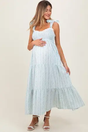 PINKBLUSH Floral Striped Smocked Shoulder Tie Maxi Dress - Blue