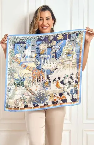 SILKSILKY Pure Silk Scenery Pattern Square Scarf Lightblue