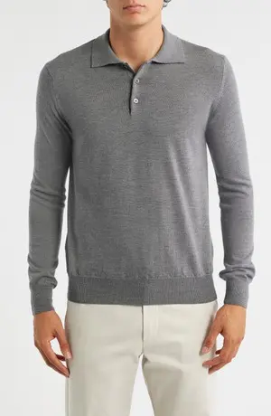 AURELIEN Long Sleeve Cashwool® Polo Sweater - Dark Grey