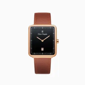 ELTON PEPPLE Stainless Steel Rectangular Watch With Leather Strap - Black/brown/rose Gold