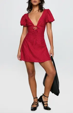 Princess Polly Polka Dot Puff Sleeve Linen Blend Mini Dress
