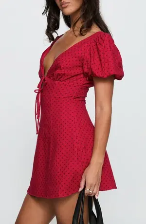 Princess Polly Polka Dot Puff Sleeve Linen Blend Mini Dress