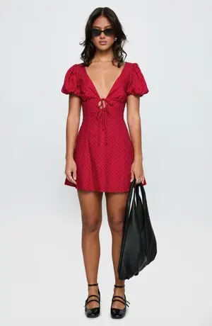Princess Polly Polka Dot Puff Sleeve Linen Blend Mini Dress