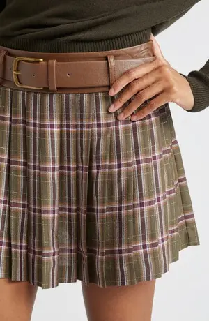 Ramy Brook Metallic Plaid Mini Skirt With Faux Leather Belt