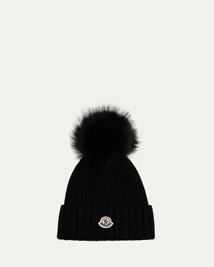 Moncler Ribbed Beanie With Faux Fur Pom - Black