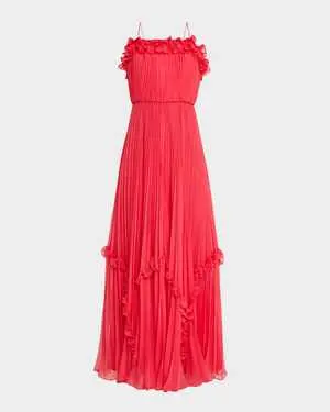 Bcbgmaxazria Sleeveless Pleated Ruffle-trim Gown - Dahlia