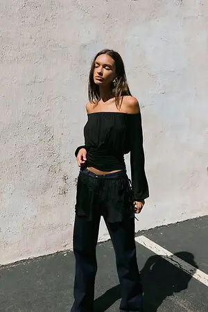 Free People Off-the-shoulder Ruched Top With Balloon Sleeves - Black