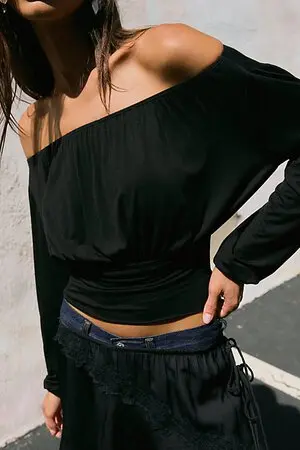Free People Off-the-shoulder Ruched Top With Balloon Sleeves - Black