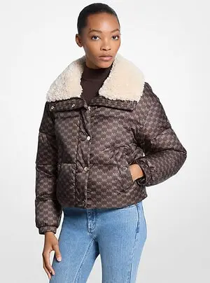 Michael Kors Logo Print Sherpa Puffer Jacket - Brown