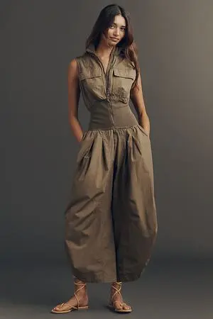 Anthropologie Mixed Media Vest Jumpsuit - Olive