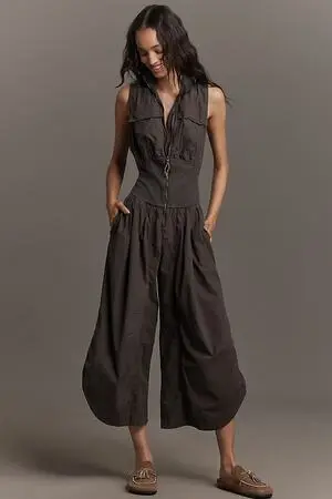 Anthropologie Mixed Media Vest Jumpsuit - Warm Charcoal