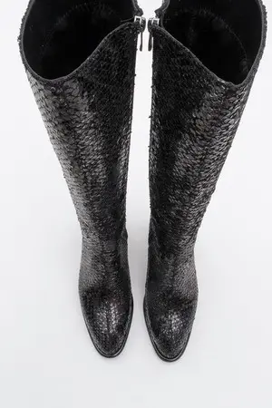 PROLOGUE SHOES Elly Pattern Block Heel Boots - Black Pattern Faux Leather