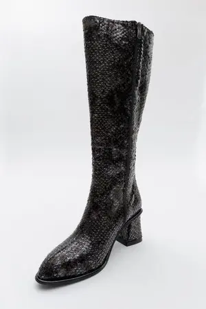 PROLOGUE SHOES Elly Pattern Block Heel Boots - Black Pattern Faux Leather