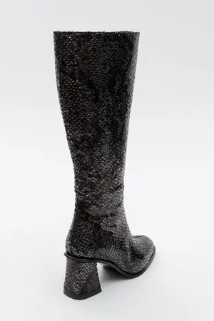 PROLOGUE SHOES Elly Pattern Block Heel Boots - Black Pattern Faux Leather