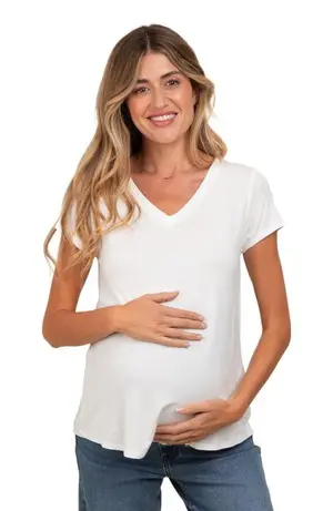 PINKBLUSH Basic V-neck Short Sleeve Maternity Top - White