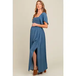 PINKBLUSH Chambray Smocked Maternity Maxi Dress - Blue