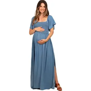 PINKBLUSH Chambray Smocked Maternity Maxi Dress - Light Blue