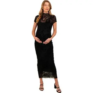 PINKBLUSH Floral Mesh Overlay Fitted Maxi Dress - Black