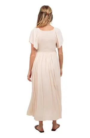 PINKBLUSH Midi Dress With V-neck And Flutter Short Sleeves - Cream
