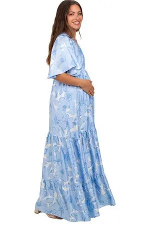 PINKBLUSH Floral Short Sleeve Deep V-neck Tiered Maxi Dress