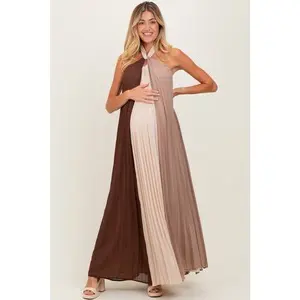 PINKBLUSH Colorblock Pleated Halter Neck Maxi Dress - Brown