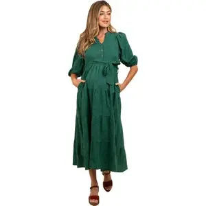 PINKBLUSH Floral Jacquard Button Front Tiered Maxi Dress - Forest Green