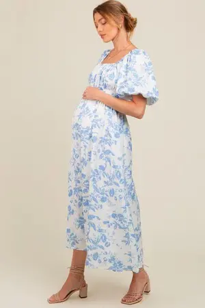 PINKBLUSH Floral Puff Sleeve Maternity Midi Dress - Blue
