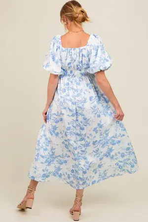 PINKBLUSH Floral Puff Sleeve Maternity Midi Dress - Blue