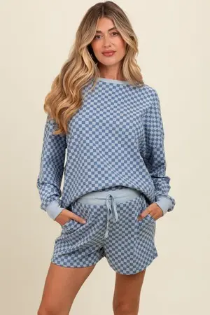 PINKBLUSH Checkered Plaid Pullover Shorts Set - Blue