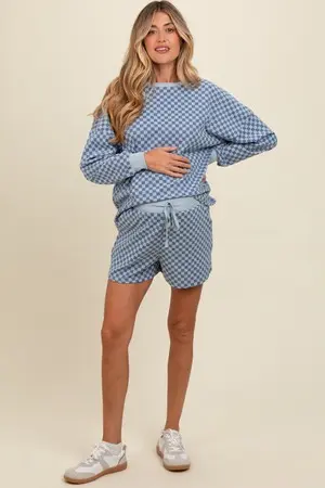 PINKBLUSH Checkered Plaid Pullover Shorts Set - Blue